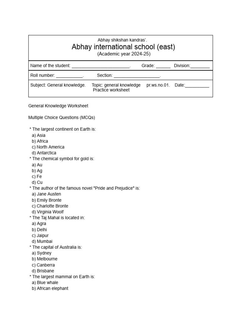 General Knowledge Practice Worksheet | PDF | Dinosaurs | Species