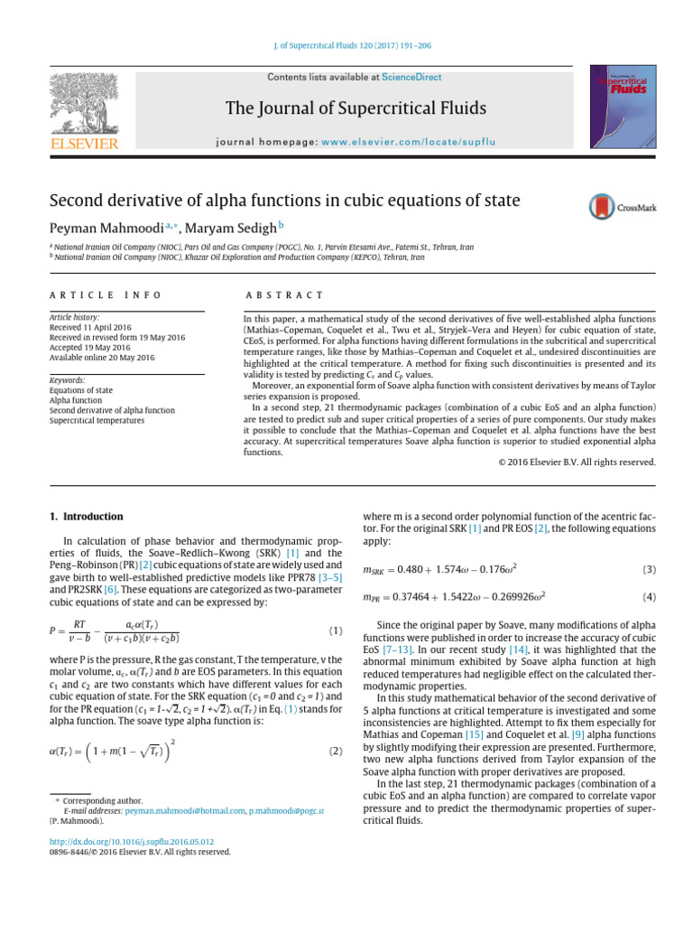 Second Derivative of Alpha Functions in Cubic Equations of State | PDF ...