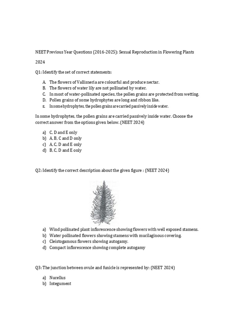 NEET 2024: Sexual Reproduction Questions | PDF | Flowers | Pollination