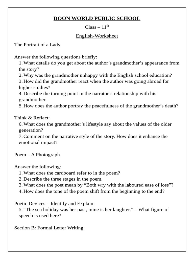 Doon's 11th Eng Worksheet 1 | PDF