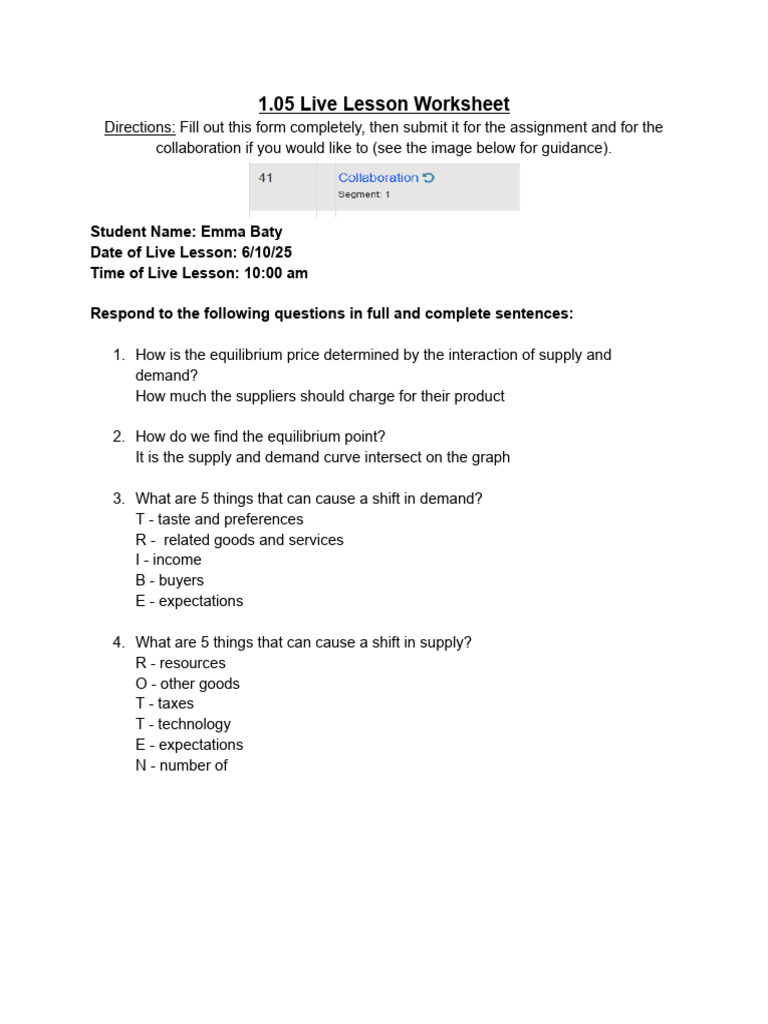1.05 Econ Live Lesson Worksheet | PDF