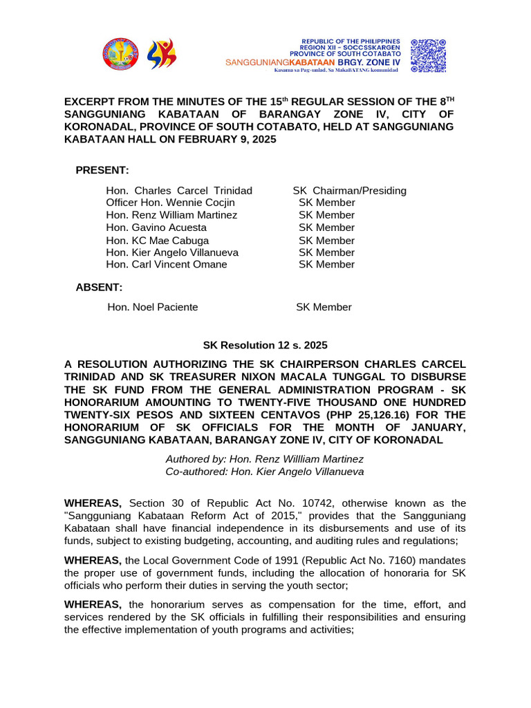 SK Honorarium Disbursement Resolution | PDF | Government