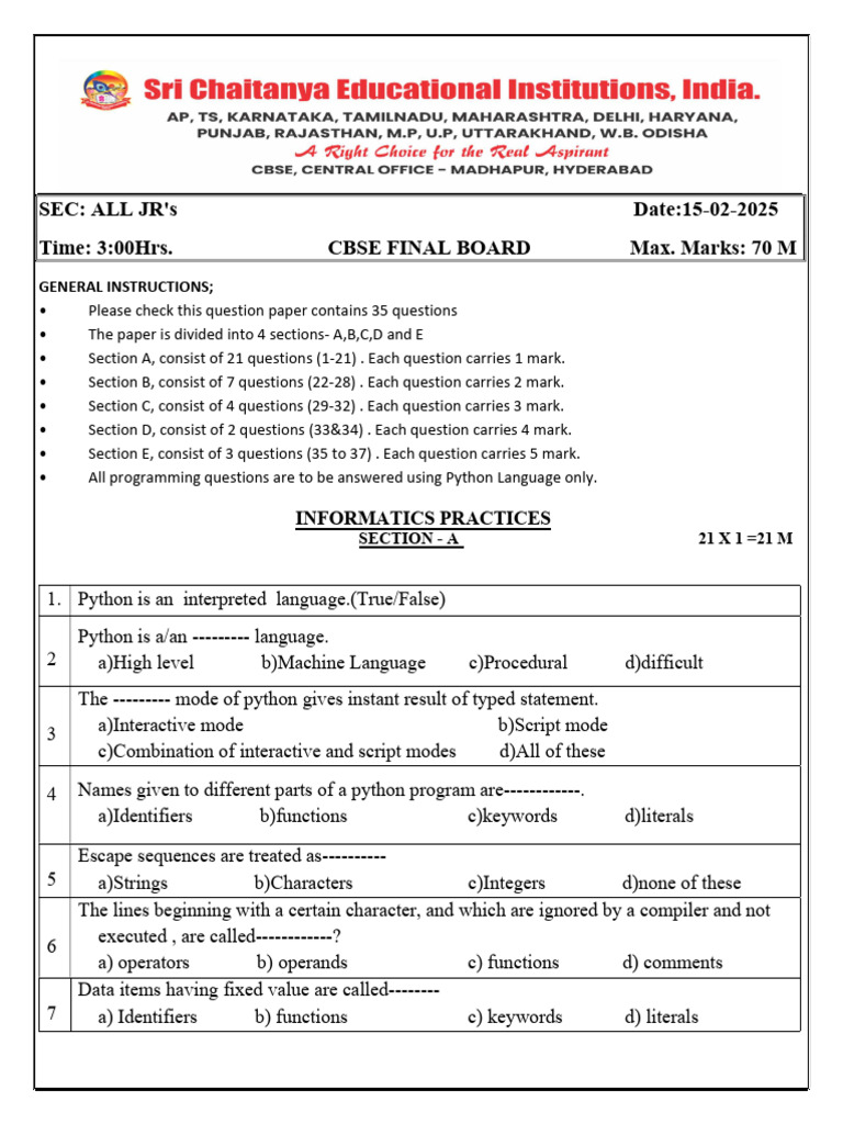 Cbse All Jr's Final Board Ip QP - 15!02!2025 | PDF | Computer Science ...