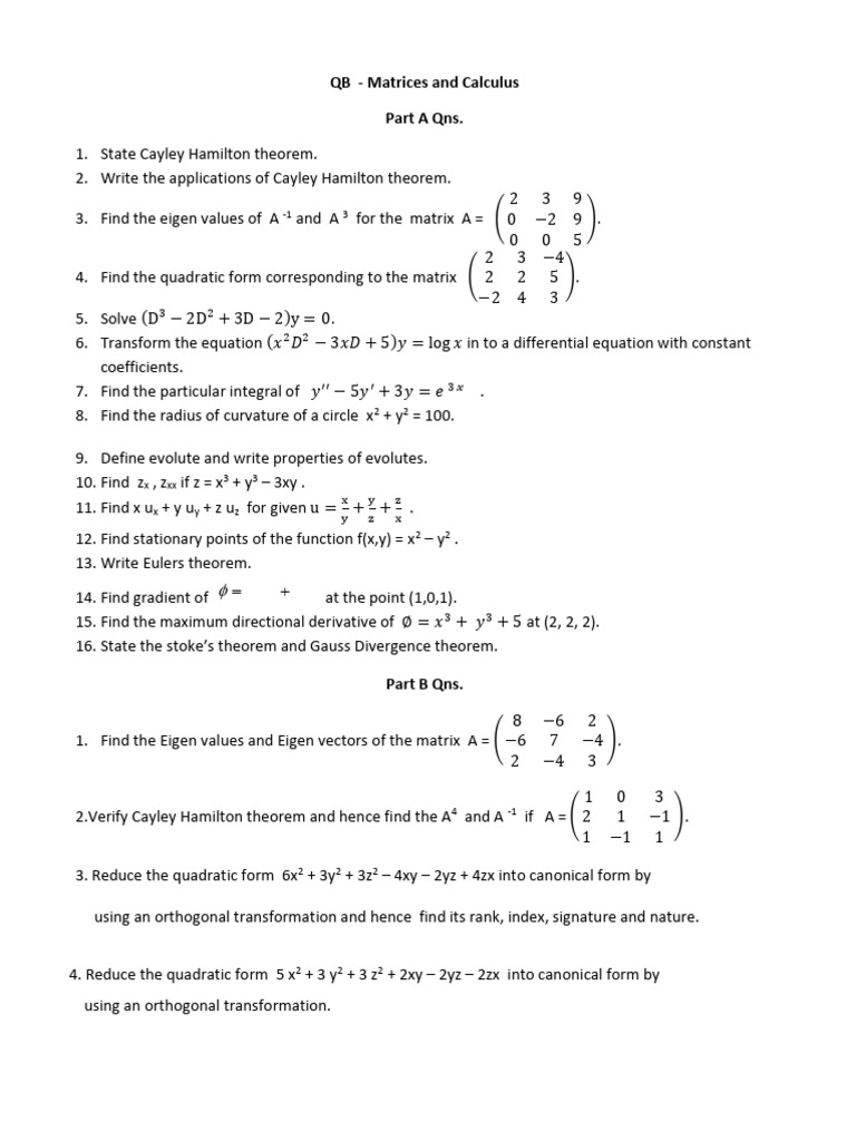 Matrices and Calculus Exercises | PDF | Matrix (Mathematics ...