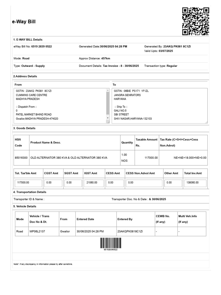 E-Way Bill System Cummins | PDF | Public Finance | Taxation