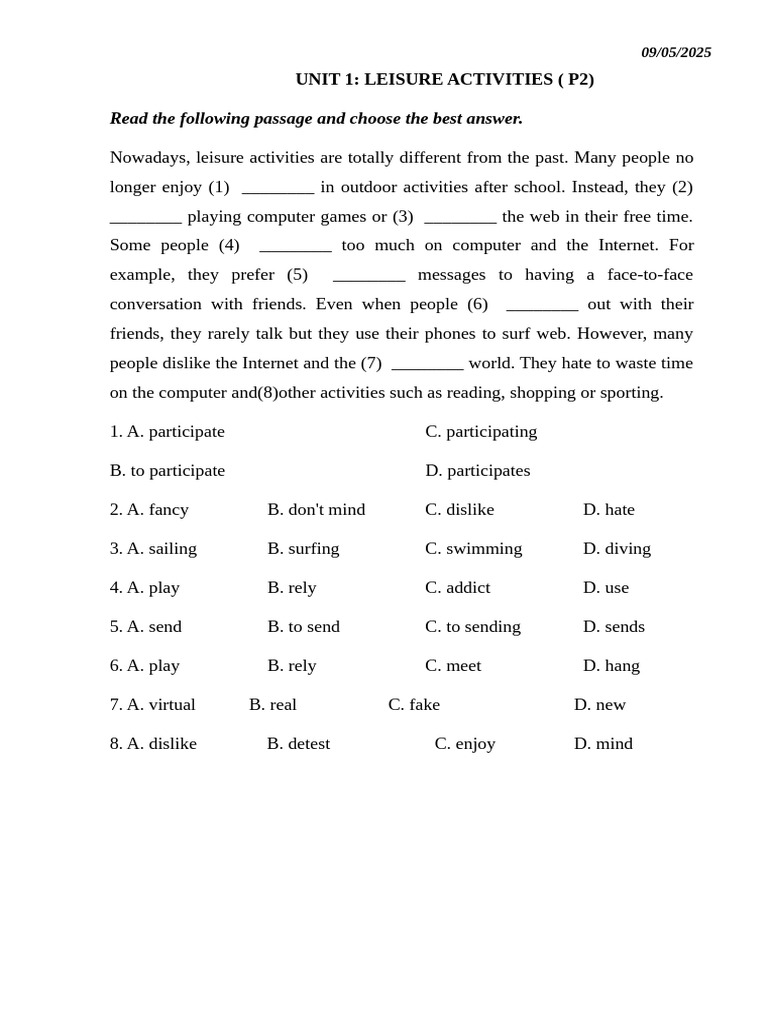 Grade 8 - Unit 1 - Leisure Activities (p2) | PDF