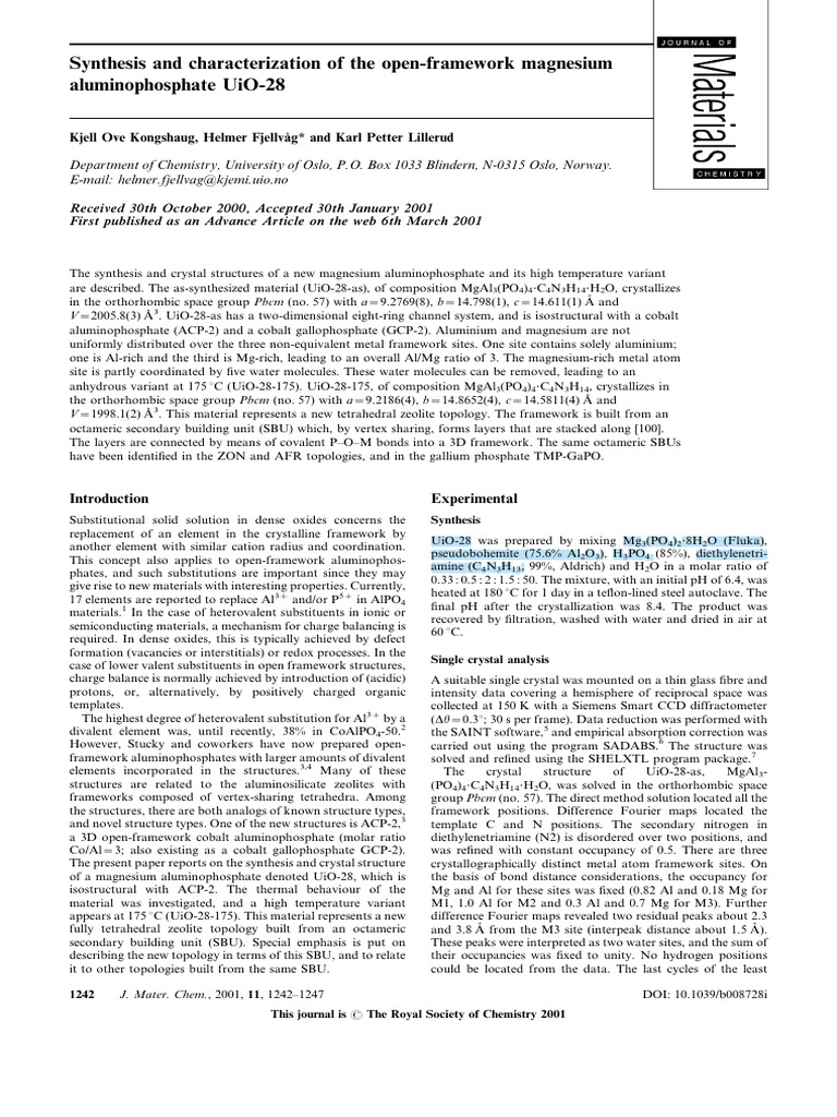 OWE - UiO-28 - Synthesis and Characterization of The Open-Framework Magnesium Aluminophosphate ...
