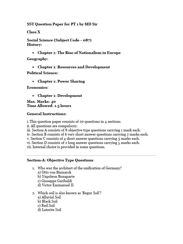Class 10 SST PT 1 Question Paper With Answer Sheet by MD Sir | PDF ...