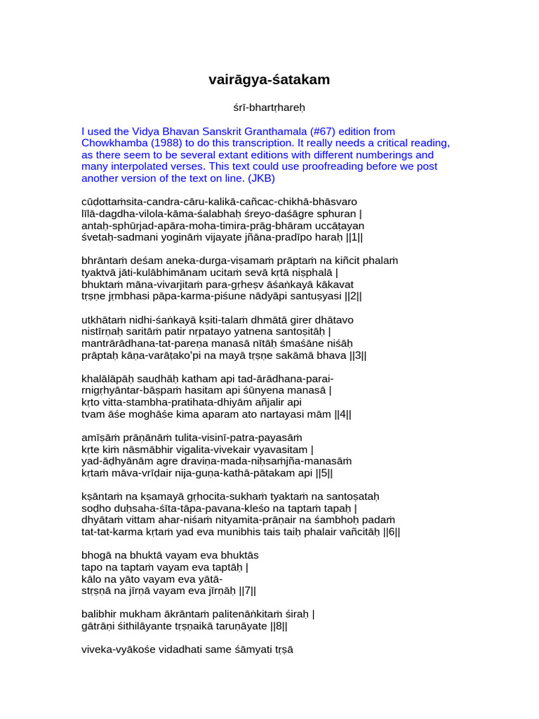 Vairagya-Sataka - Bhartrihari | PDF