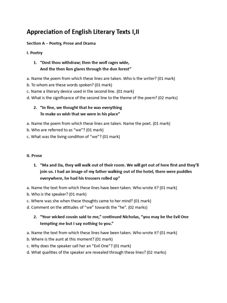 English Literature Test Paper Guide | PDF | Poetry