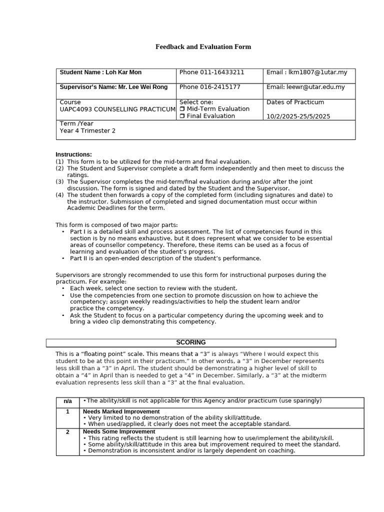 Counselling Practicum Evaluation Form | PDF | Psychotherapy ...