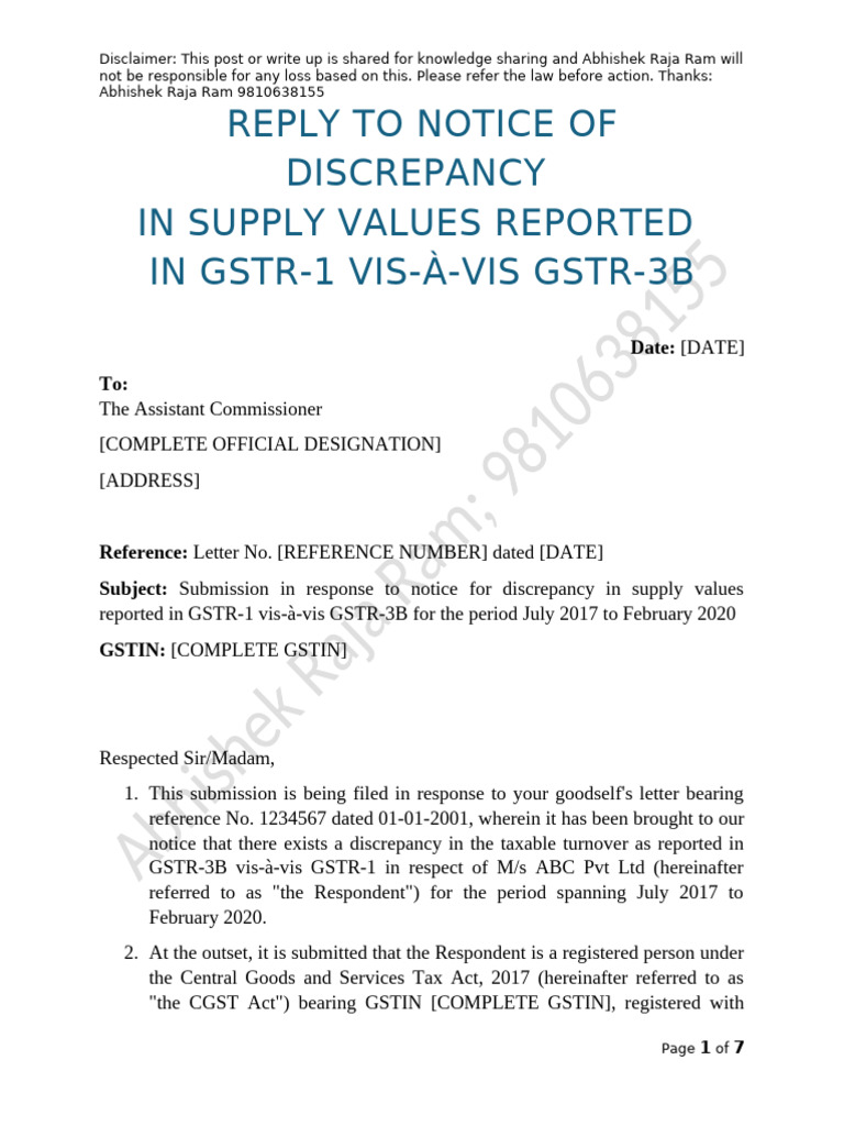Draft Tempelate GSTR-1 Vs GSTR-3B | PDF | Taxes | Common Law