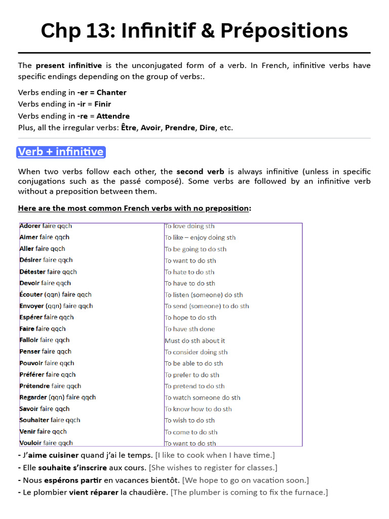 13. Infinitif & Prépositions | PDF | Grammatical Gender | Plural