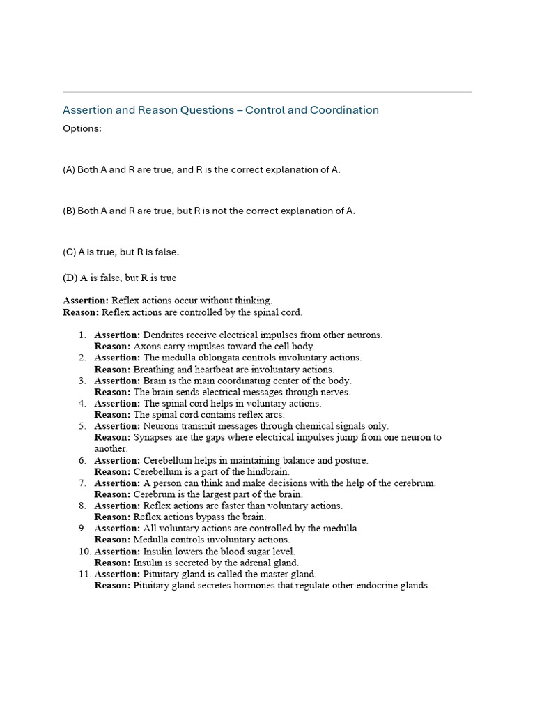Control and Coordination Assertion and Reason Question | PDF | Hormone | Brain