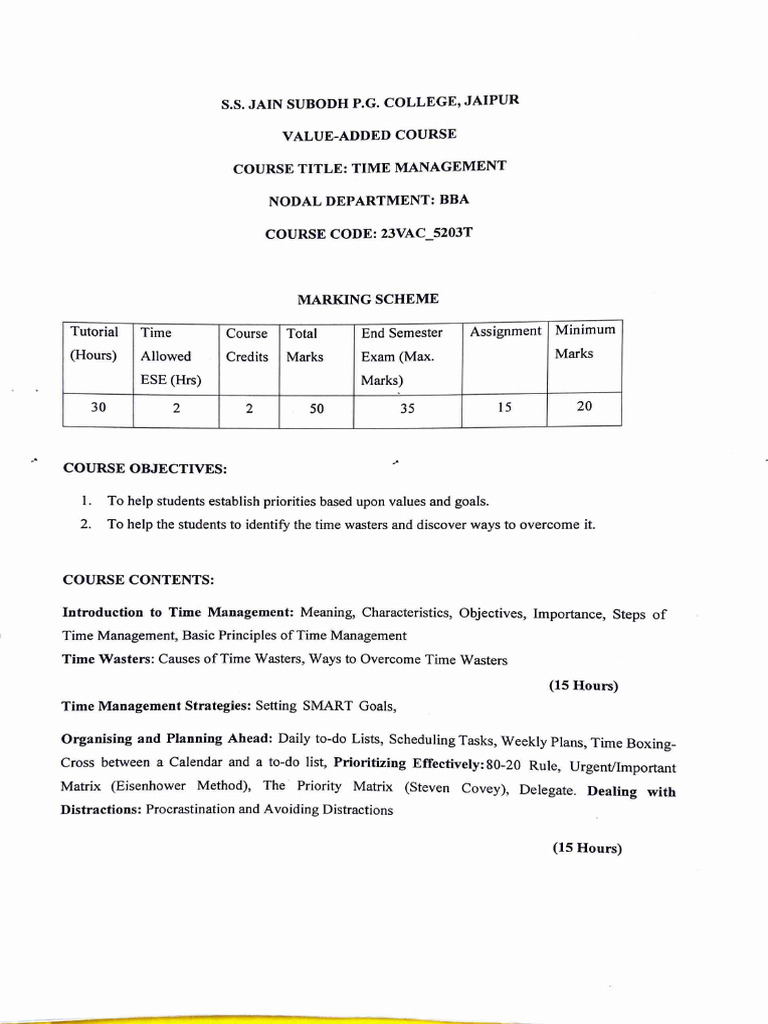 Time Management Course Overview | PDF | Time Management | Professional ...