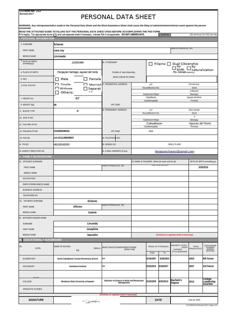 CS Form No. 212 Personal Data Sheet Revised | PDF | Government | Justice