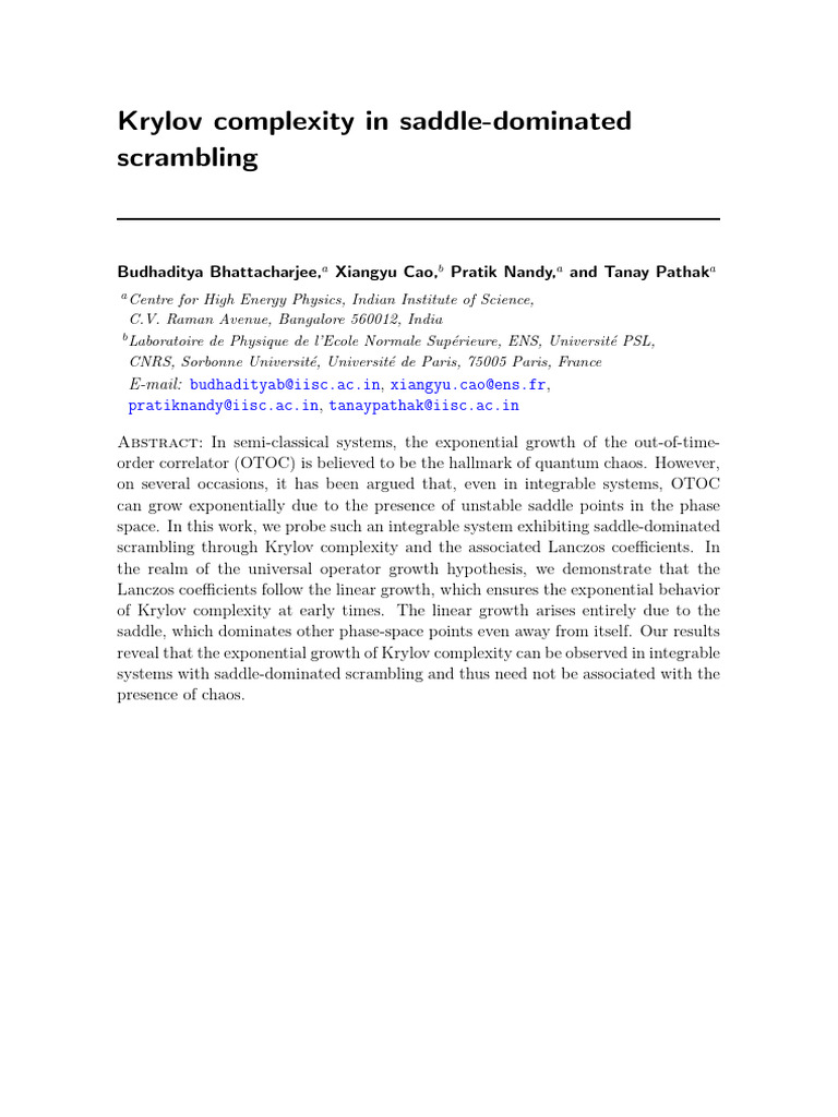 Krylov Complexity in Saddle-Dominated Scrambling: Budhaditya Bhattacharjee, Xiangyu Cao, Pratik ...