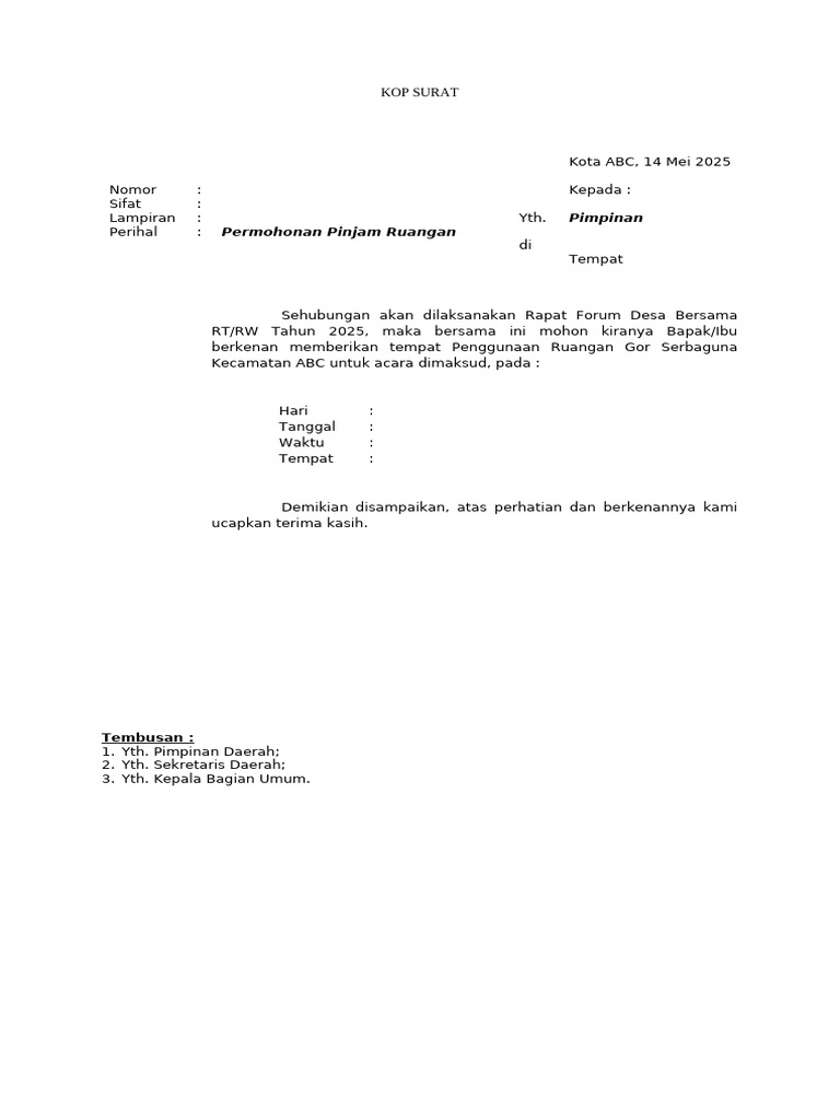 Contoh Surat Peminjaman Ruangan Resmi Kedinasan | PDF