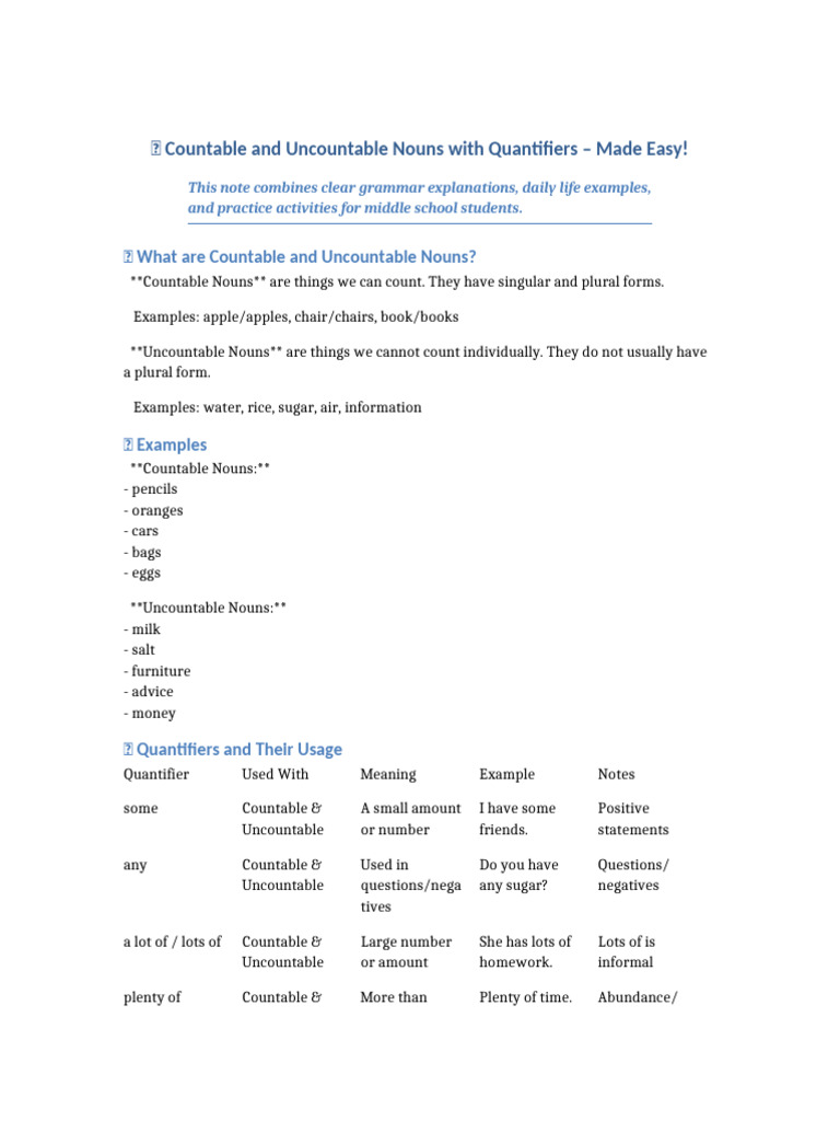 Countable Uncountable Quantifiers FullMaterial-1 | PDF | Noun | Plural