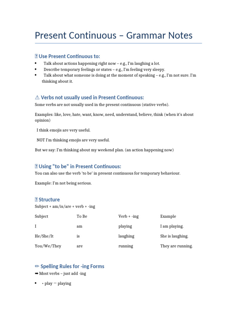 Present Continuous Grammar Notes | PDF