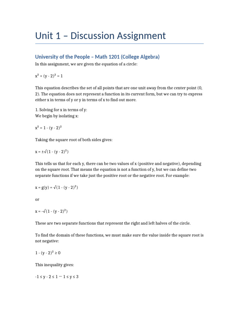 Unit 1 Discussion Assignment Math1201-1 | PDF