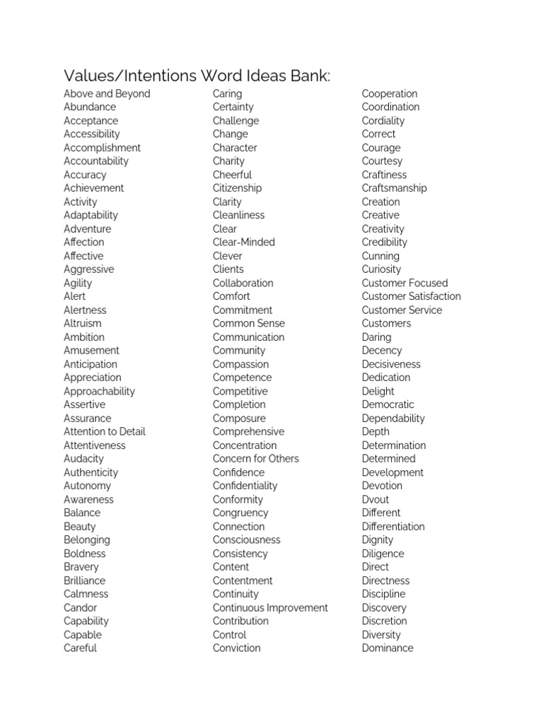 Values and Intentions Word Bank | PDF | Courage | Psychology
