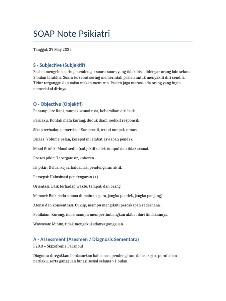 Skizofrenia Paranoid: SOAP Note Psikiatri | PDF