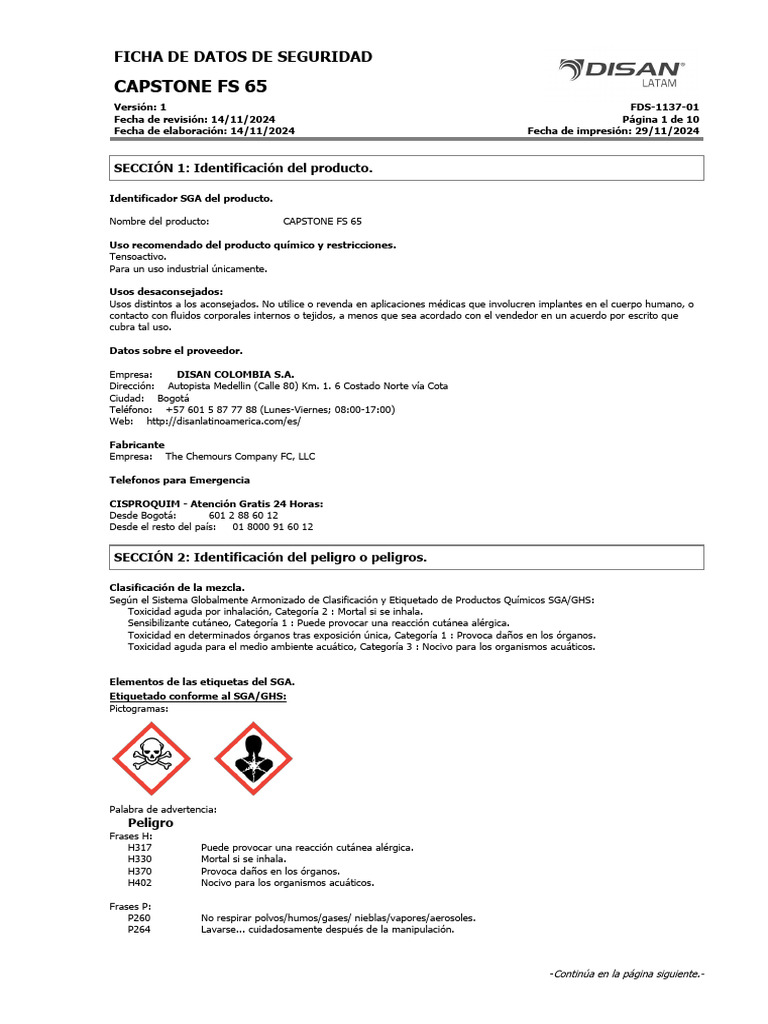 Ficha de Seguridad CAPSTONE FS 65 | PDF