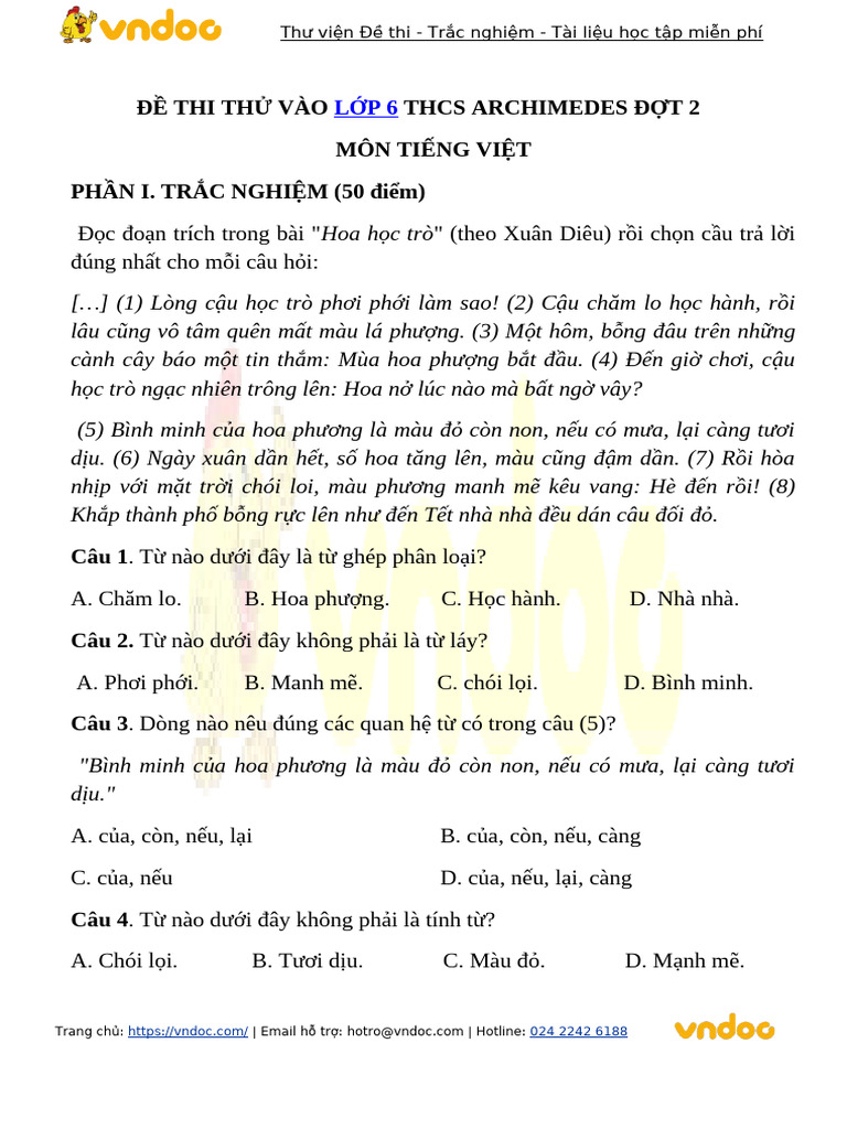 De Thi Thu Vao Lop 6 Mon Tieng Viet Nam 2020 | PDF