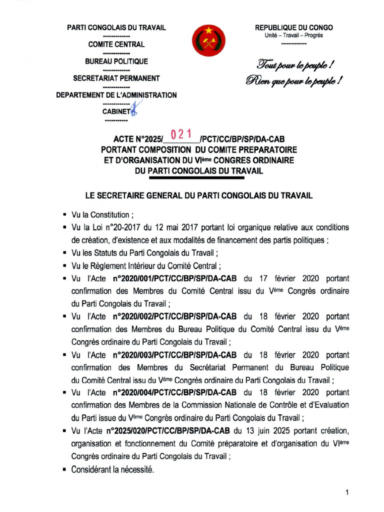 2025 - 021 - Acte - Portant Composition Du Comité Préparatoire Et D'organisation Du 6è Congrès ...