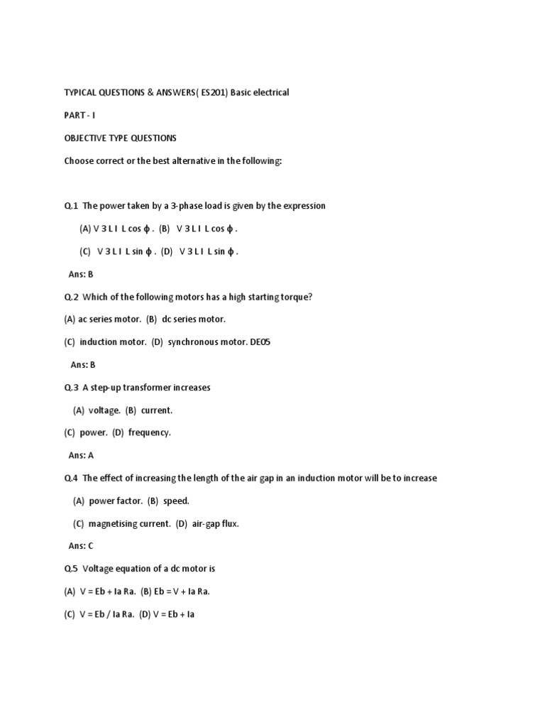 Typical Questions Rev1 | PDF | Transformer | Electric Motor