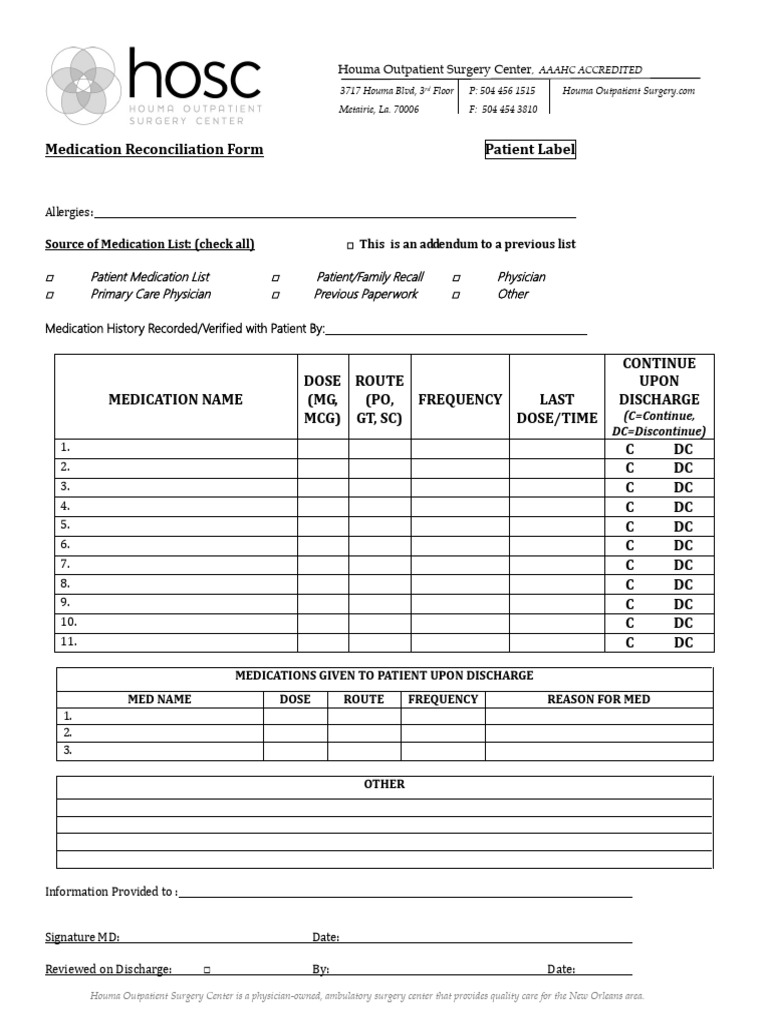 Medication Reconciliation Form Template | PDF | Patient | Medicine