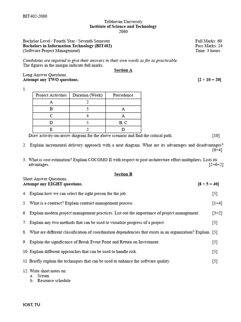 BIT 402 - Software Project Management | PDF | Project Management