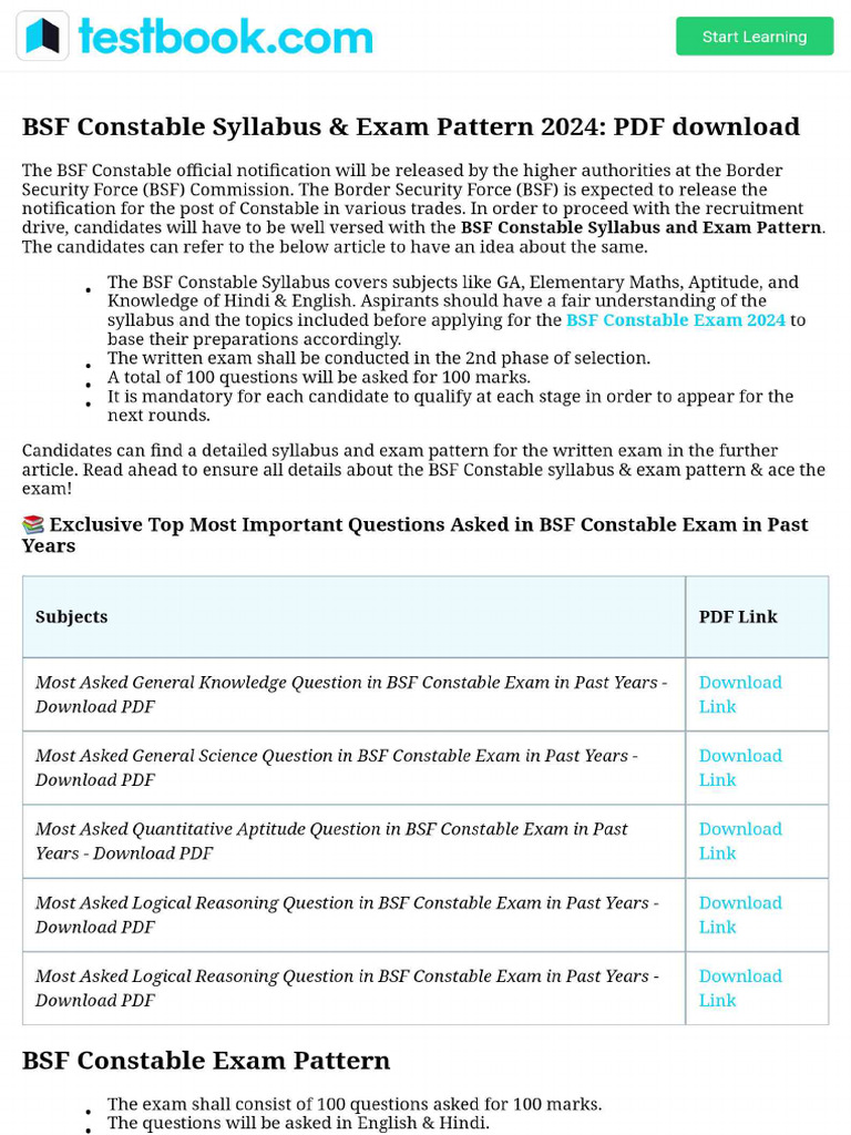 BSF Constable Syllabus & Exam Pattern 2024 - PDF Download | PDF