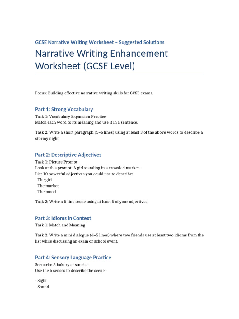 GCSE Narrative Writing Worksheet Solutions Wardah | PDF