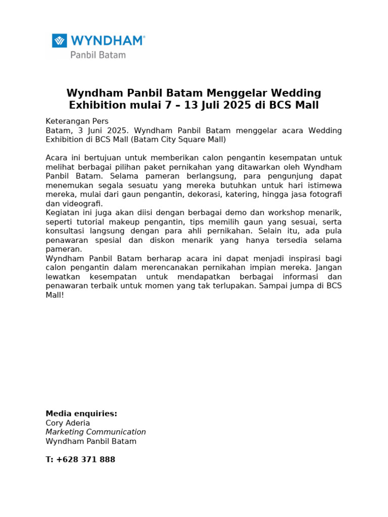 Press Release Wedding Expo Wyndham Panbil Batam 2025 | PDF | Hotel ...