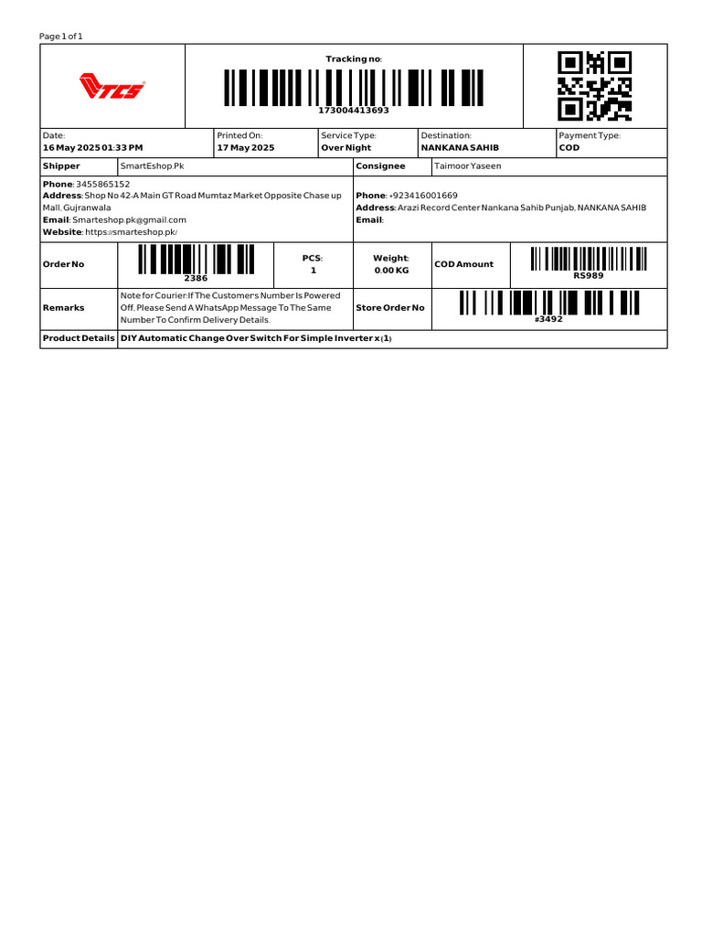 Overnight COD Delivery for Order 2386 | PDF