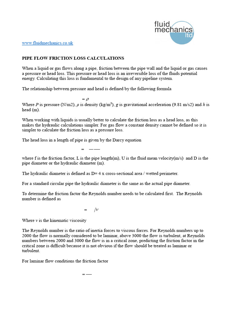 Pipe Flow Friction Loss Calculations | PDF | Reynolds Number | Fluid Dynamics