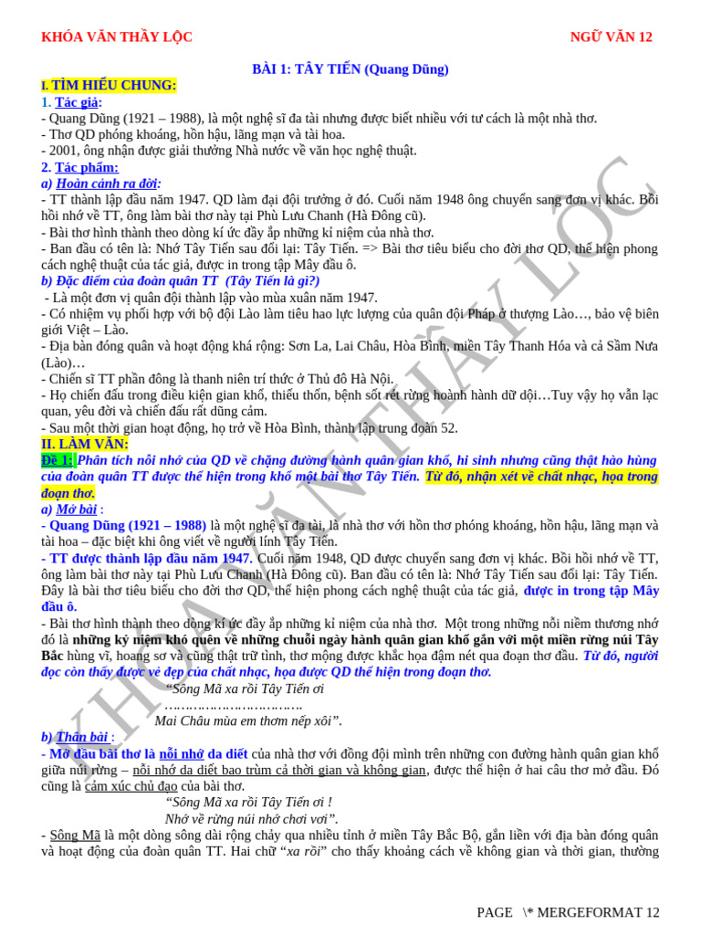 Tổng Ôn Chi Tiết NLVH 12 Hki KVTL | PDF