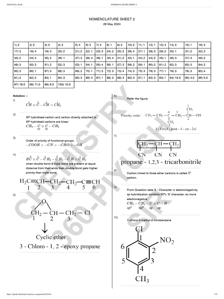 Nomenclature Sheet 2-Ans Key | PDF | Functional Group | Chemical Bond