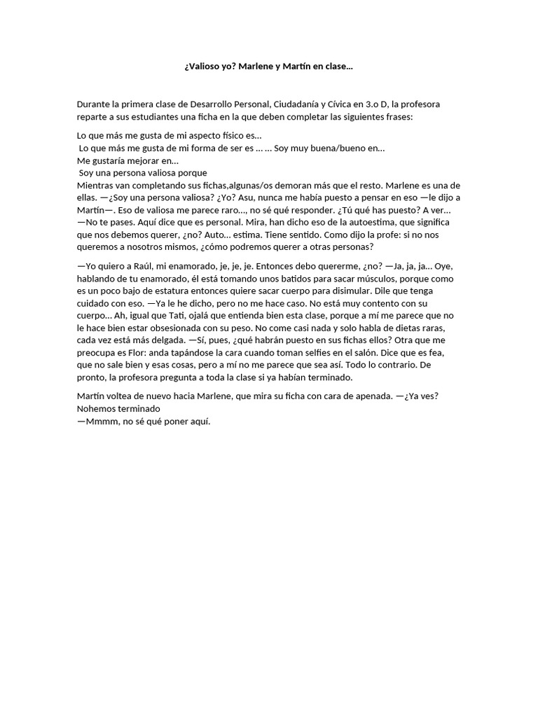 ¿Valioso Yo? Marlene y Martín en Clase | PDF