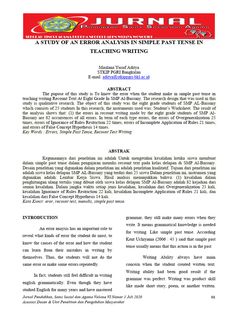 A Study of An Error Analysis in Simple Past Tense in Teaching Writing ...