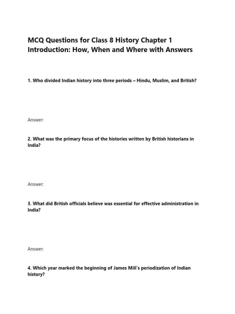 MCQ Questions For Class 8 History Chapter 1 | PDF | British Raj | Historian