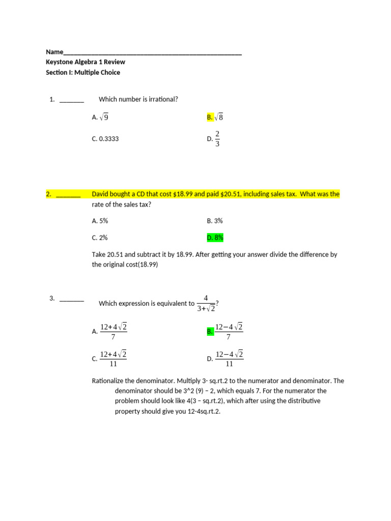 Keystone Operations and Linear Equations Review | PDF | Square Root ...