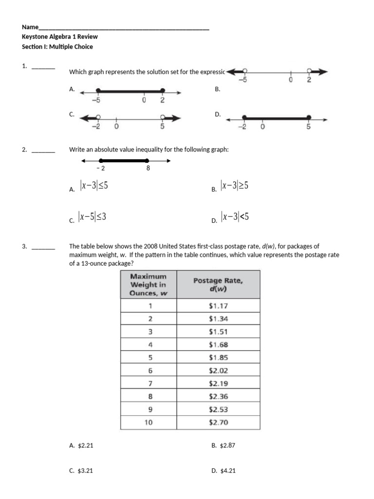 Keystone Inequalities and Functions Review | PDF | Pint | Equations