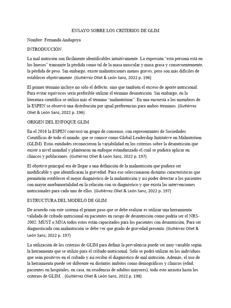 Ensayo Sobre Los Criterios de Glim | PDF | Nutrición | Dieta y nutrición