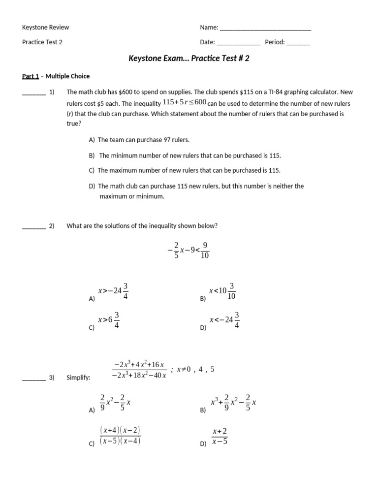 Keystone - Practice Test 2 | PDF | Graph Theory | Mathematical Relations