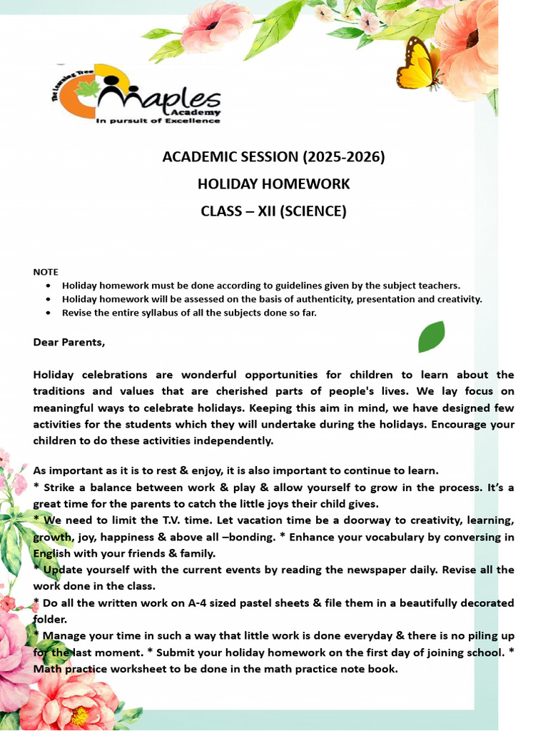 Holiday Homework Class - Xii (Science) | PDF | Area | Elementary Geometry