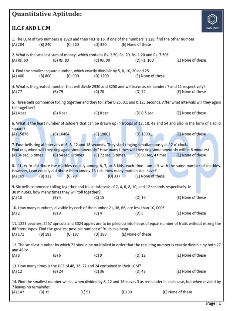 Quantitative Aptitude: HCF & LCM Problems | PDF | Prices | Sales