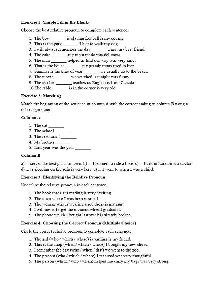 Grade 7 Relative Pronoun Exercises | PDF